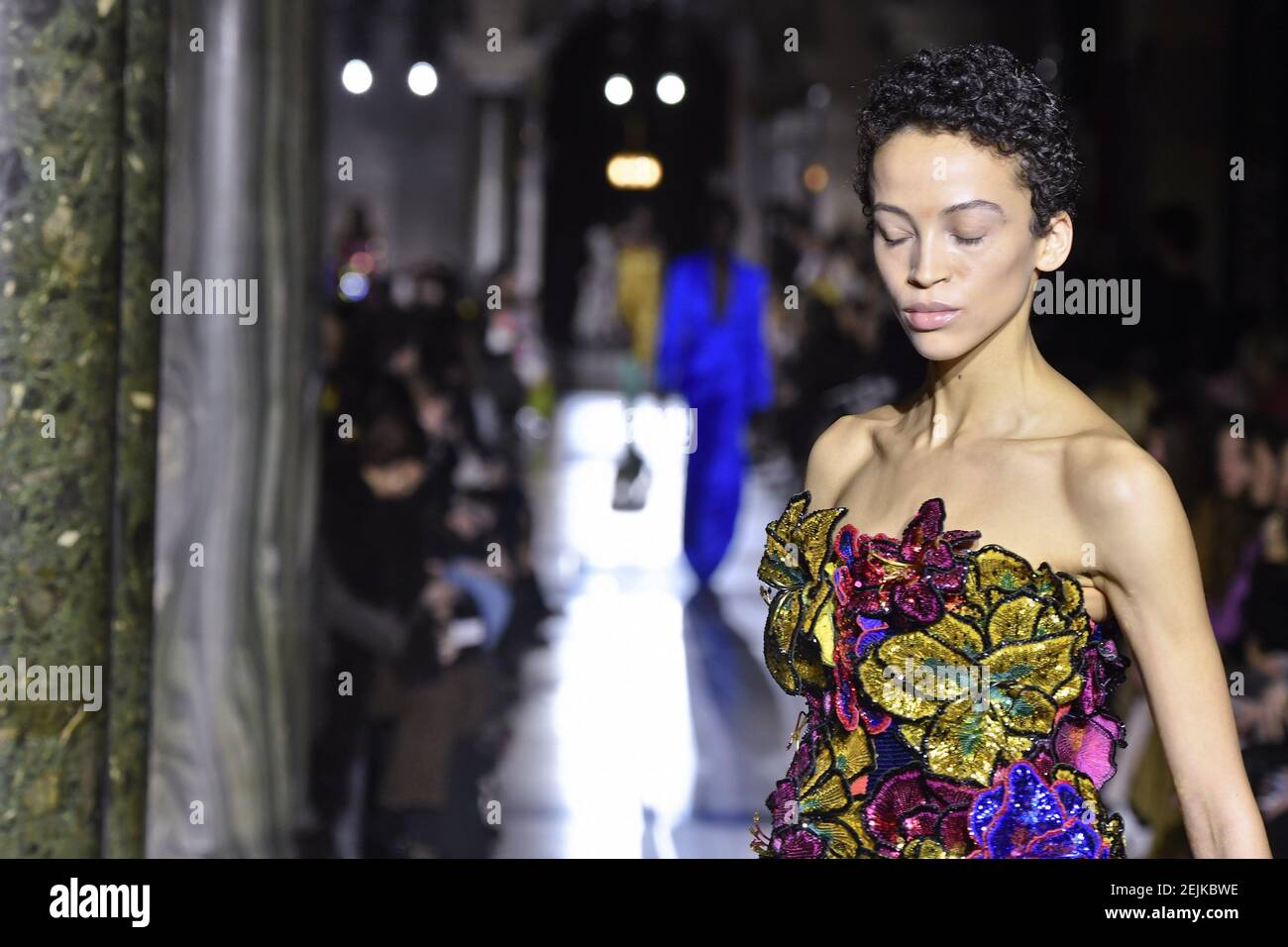 Model walks on the runway at the Mark Fast fashion show during Fall ...