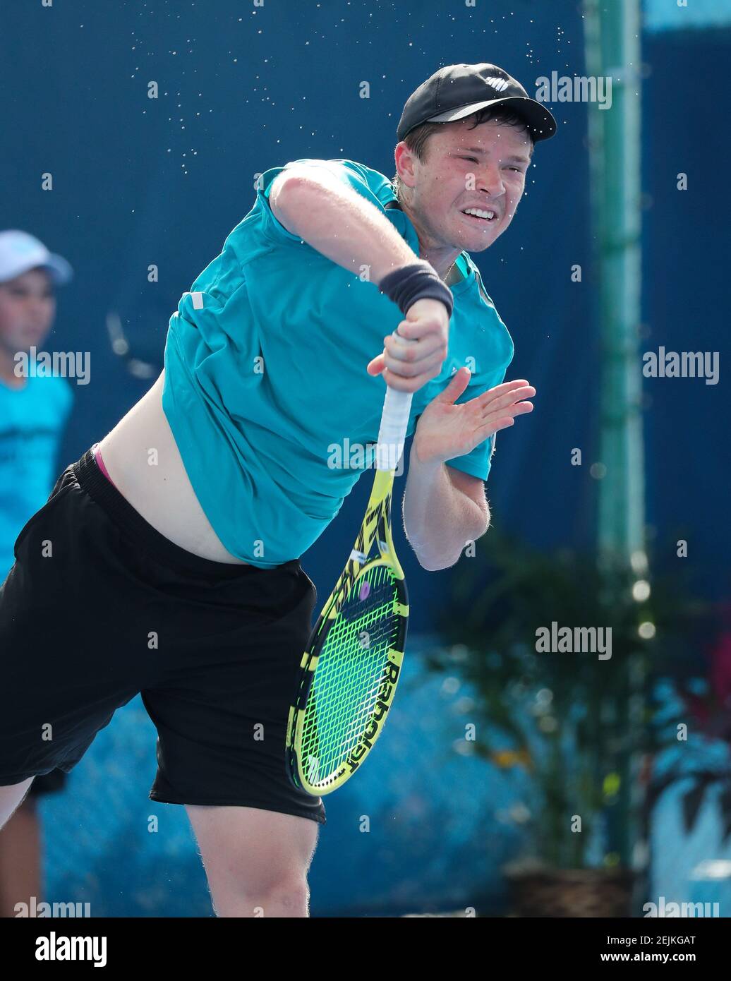 February 18, 2020: Stefan KOZLOV (USA) serves during his match against ...