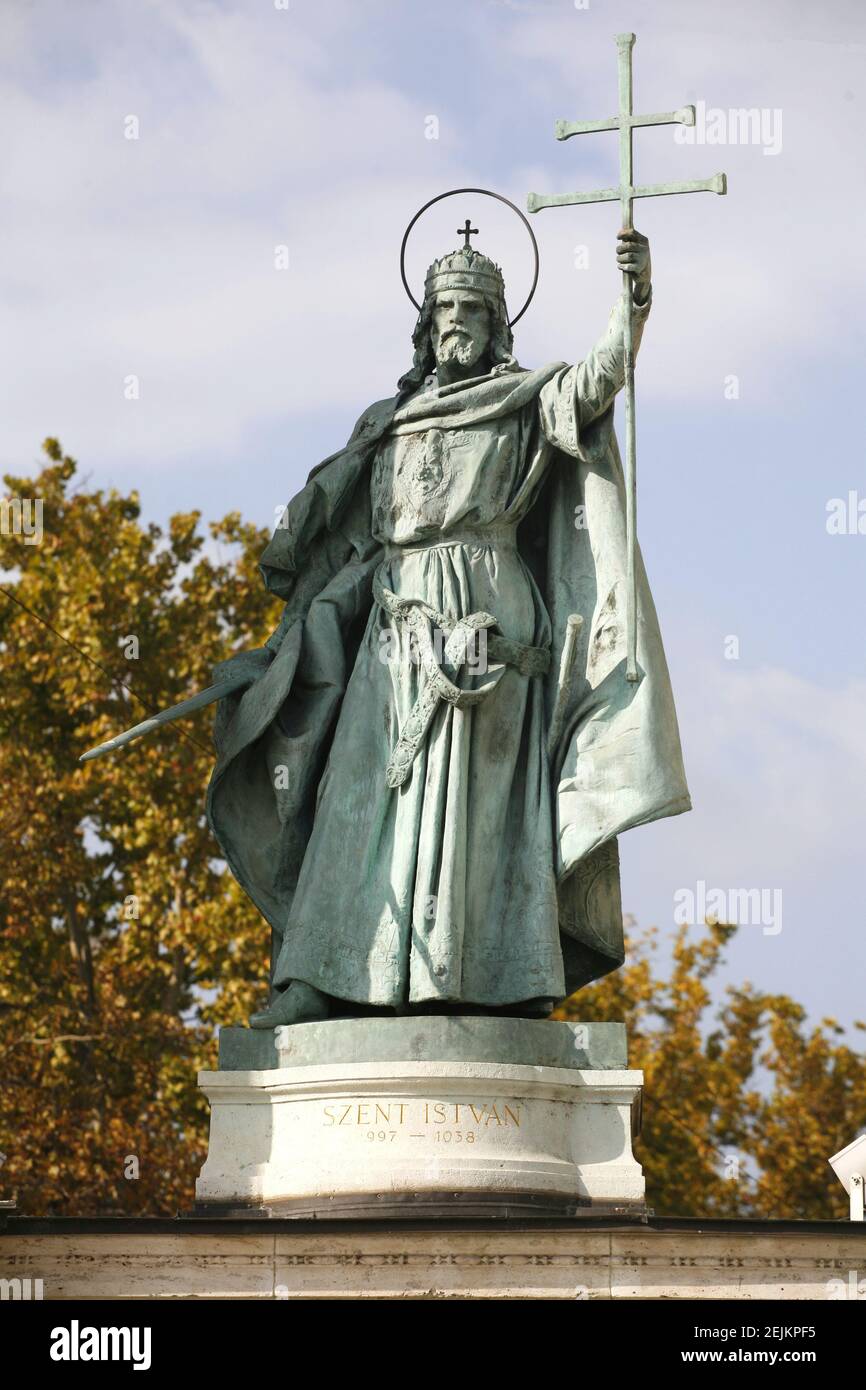 Statue of Saint Stephen Istvan King of Hungary on Heroes Square ...