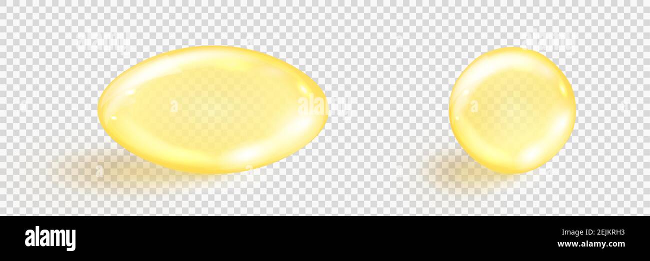 Oval, round golden fish oil capsules isolated on transparent background ...