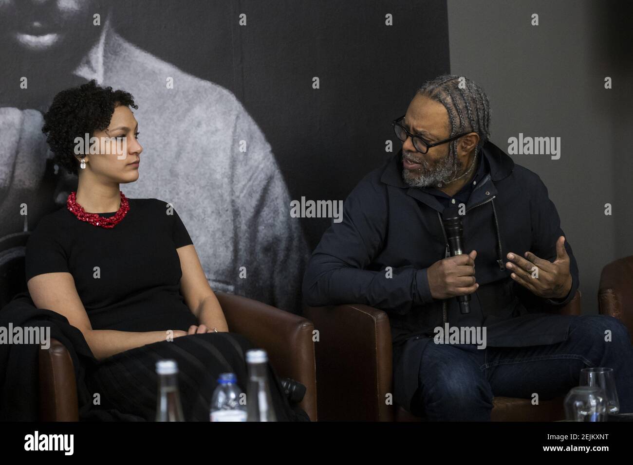 Amir Gad (L) and Arthur Jafa (R) present the exhibition at the museum ...