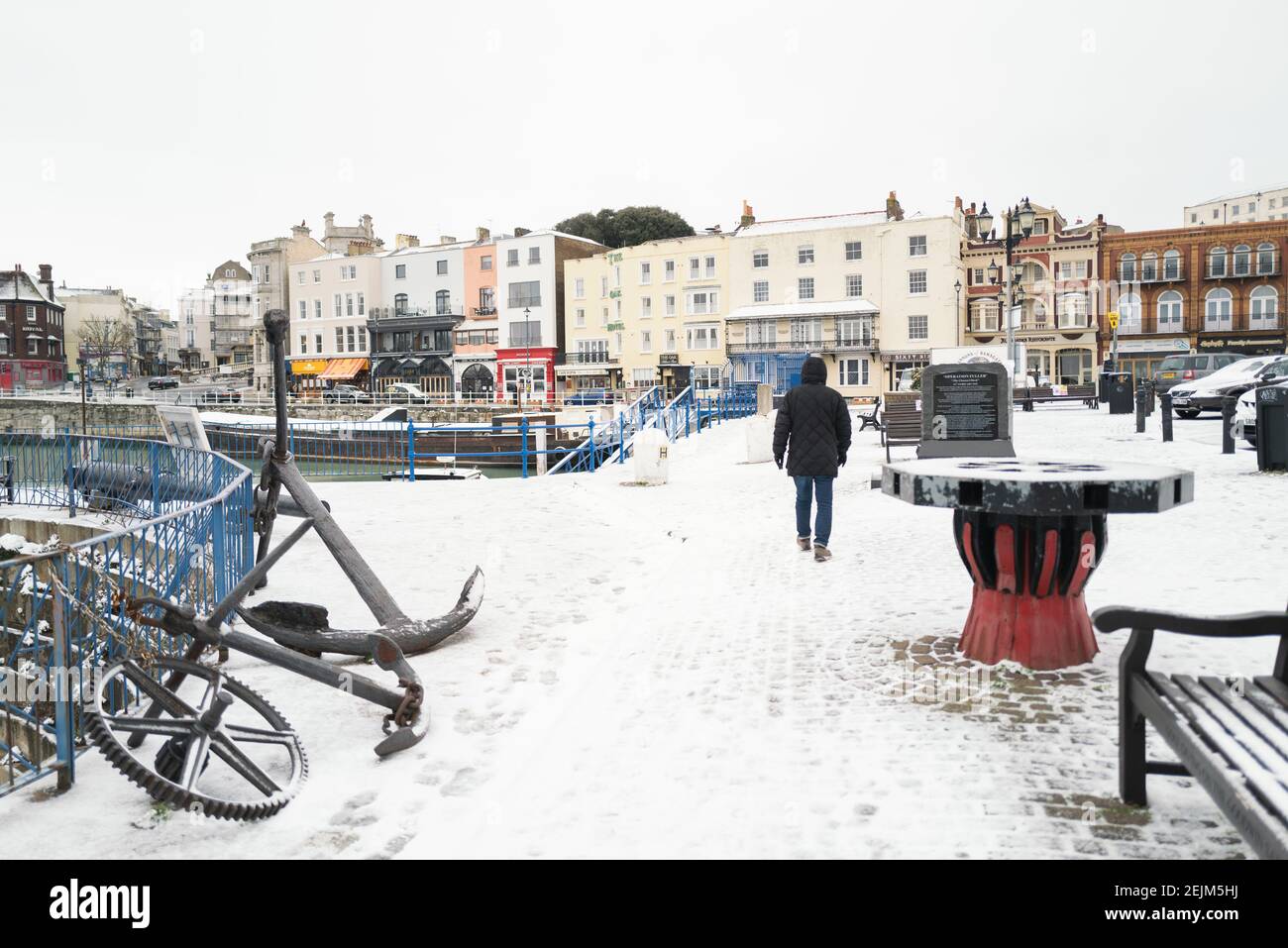 Ramsgate, UK - Feb 8 2021 Snow covering alongside Ramsgate Royal ...