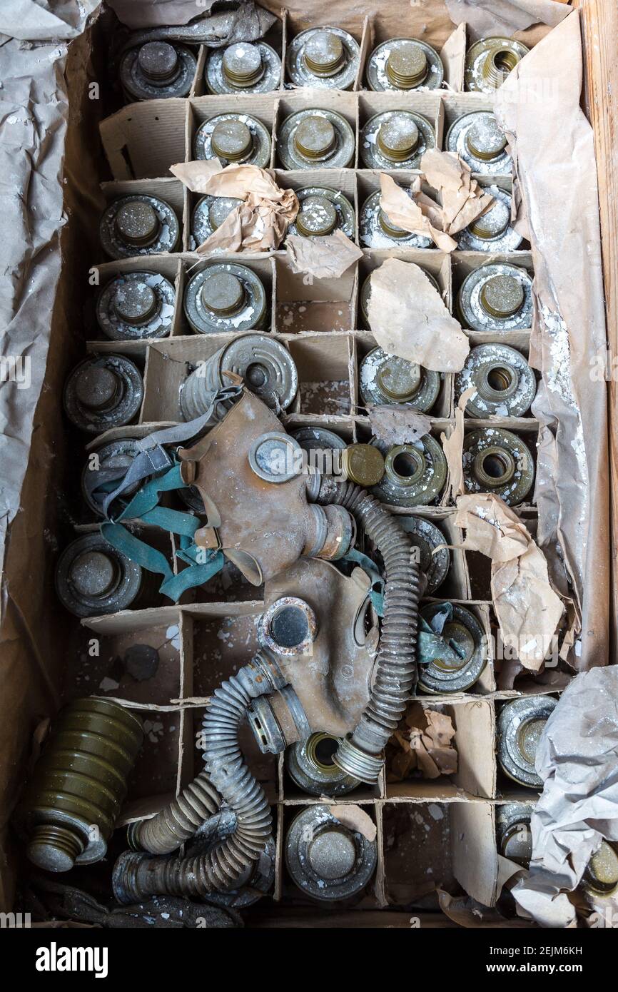 Gas masks on the floor in the middle school in Pripyat, Chernobyl ...