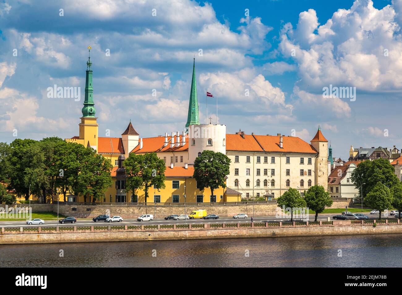 Panoramic view of old town in Riga in a beautiful summer day, Latvia ...