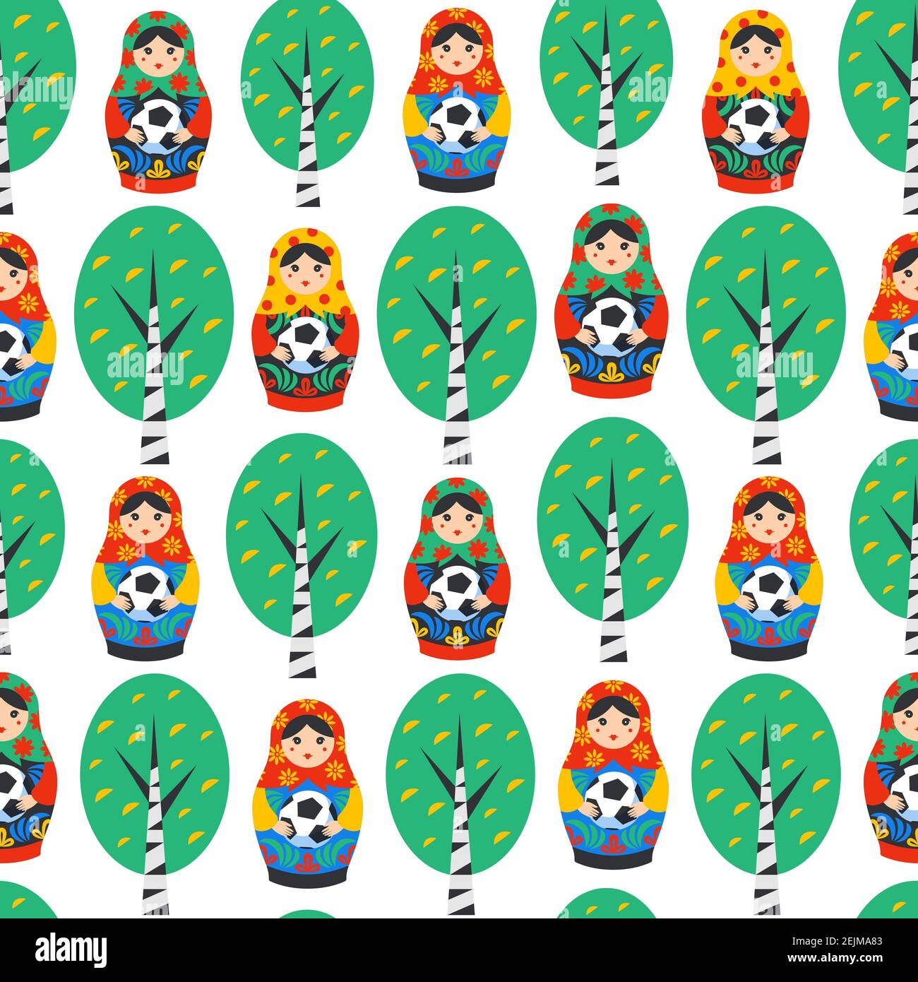 Seamless pattern with Russian Matrioshka, birch, and football ball in ...