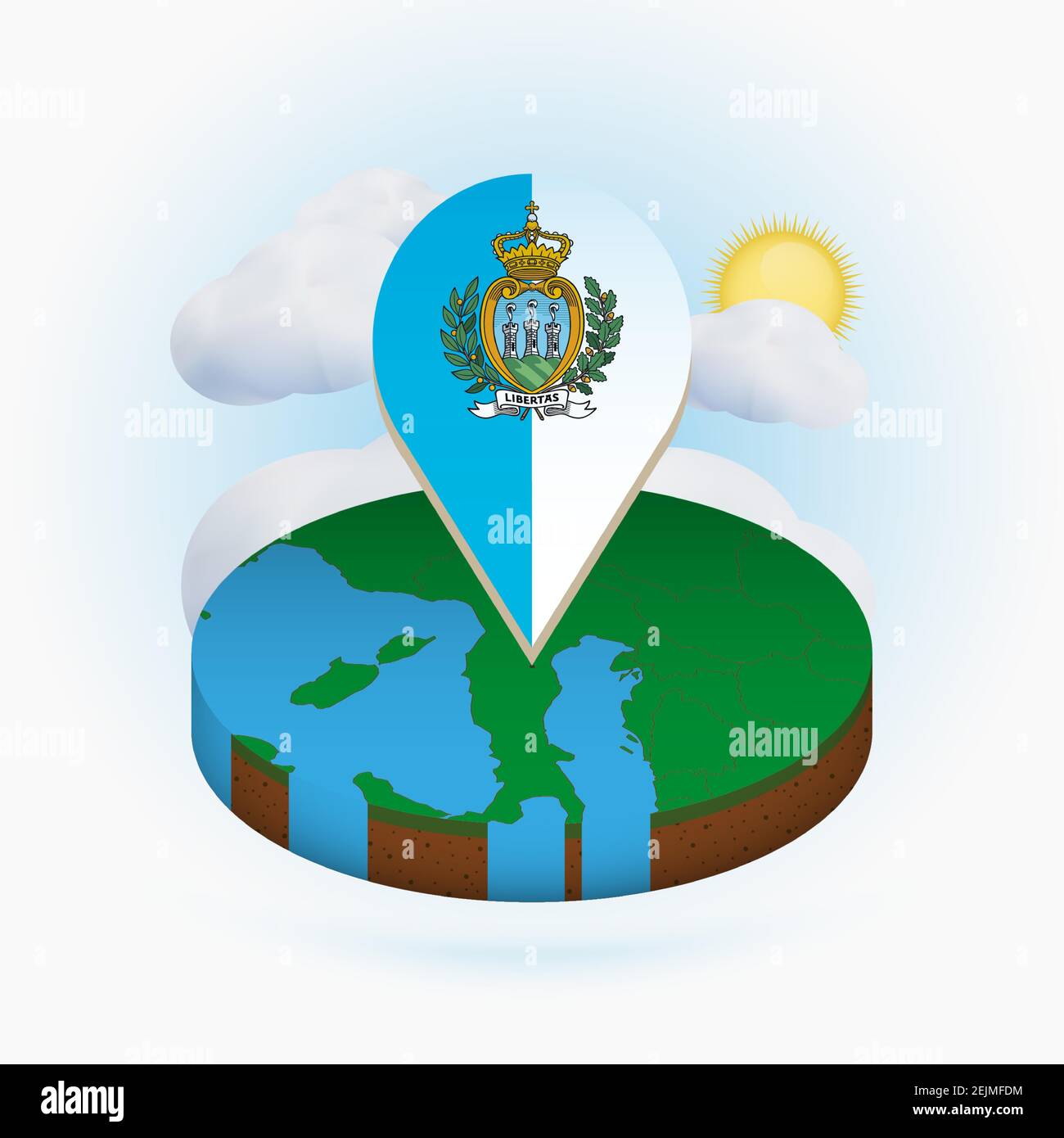 Isometric round map of San Marino and point marker with flag of San ...