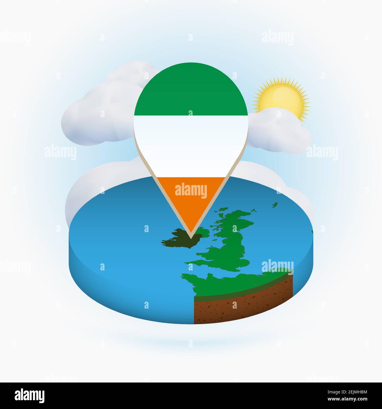 Isometric round map of Ireland and point marker with flag of Ireland ...