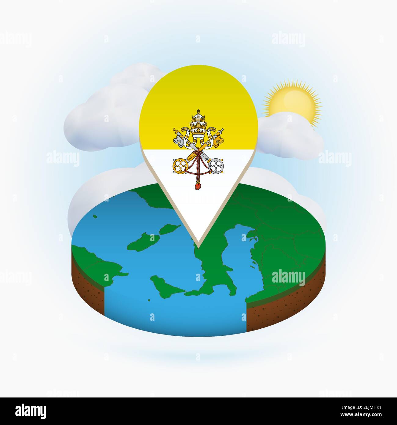 Isometric round map of Vatican City and point marker with flag of ...
