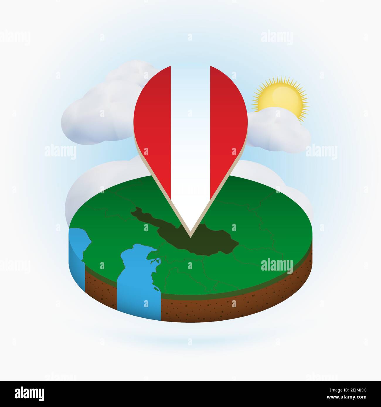 Isometric round map of Austria and point marker with flag of Austria ...
