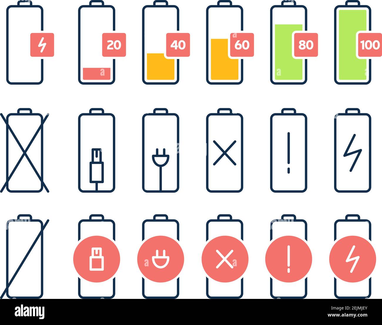 Discharged and fully charged battery smartphone. Set of battery charge ...