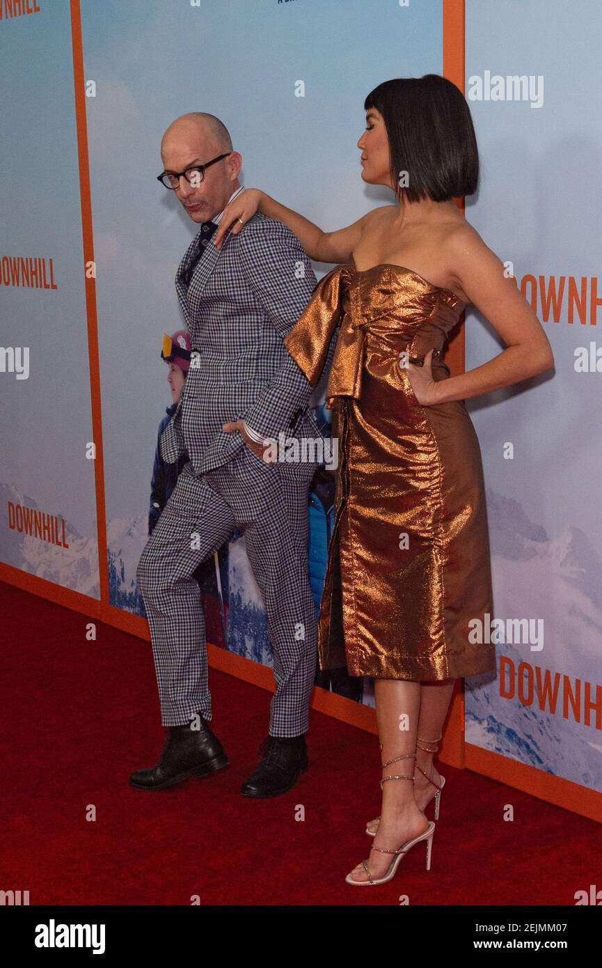 Jim Rash and Zoe Chao attend the premiere of "Downhill" at SVA Theater ...