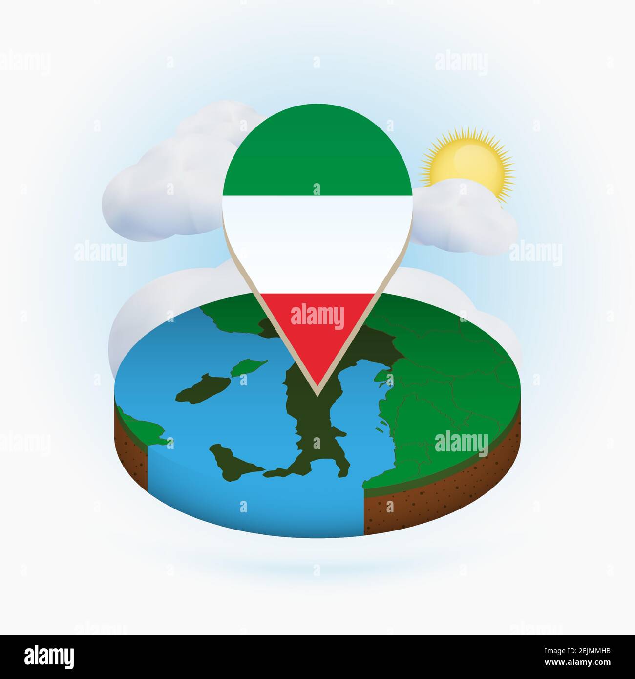 Isometric round map of Italy and point marker with flag of Italy. Cloud ...
