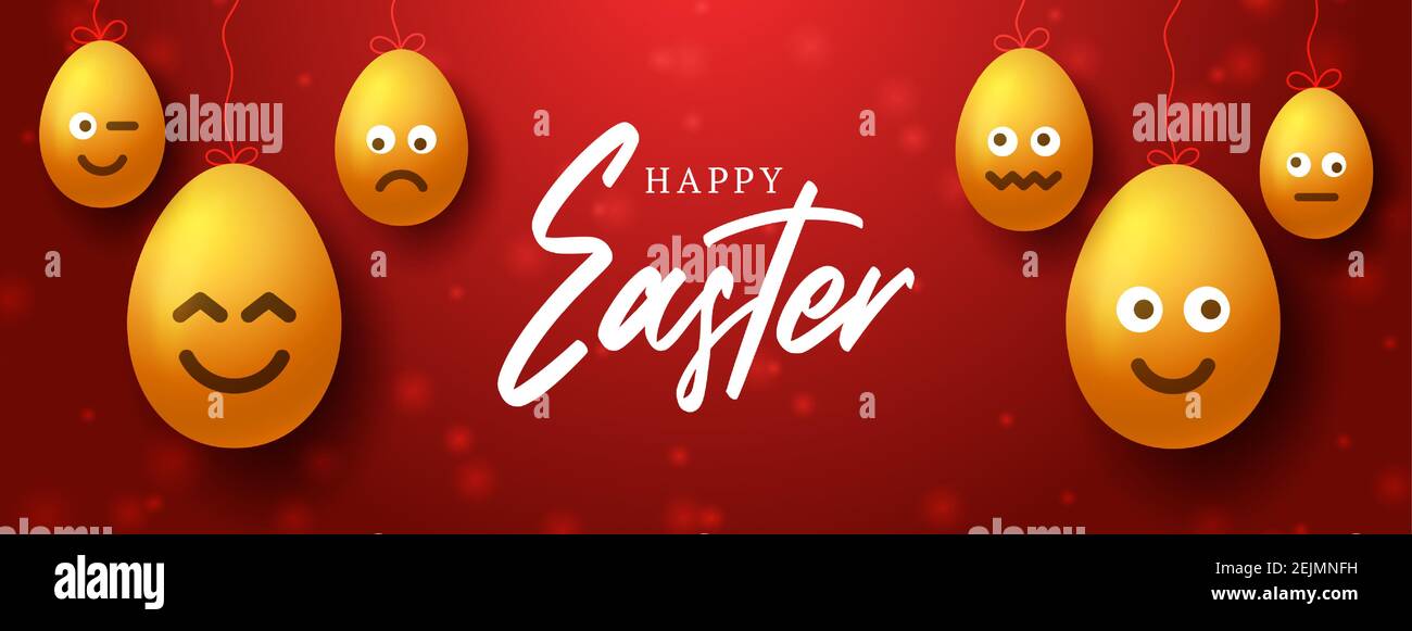 Happy Easter poster, easter eggs with cute smiling emoji faces, vector ...