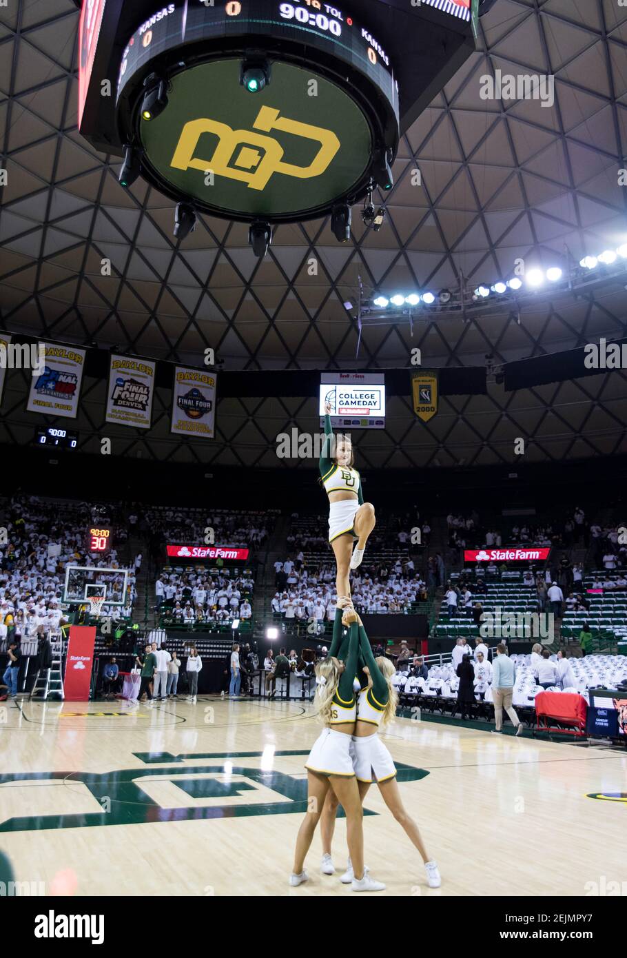 February 22 2020: Baylor Bears cheerleaders pose for a photos before ...