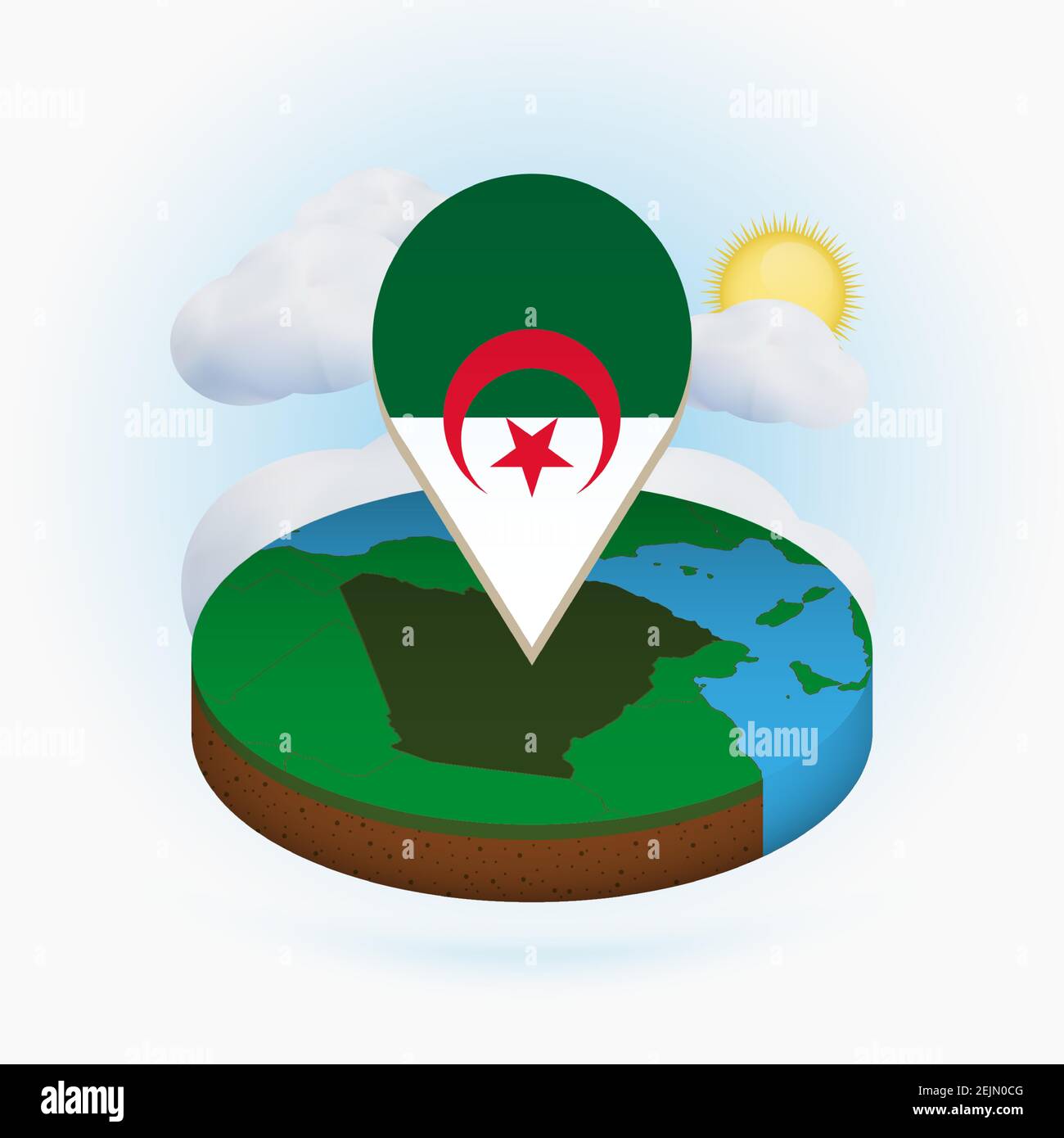 Isometric round map of Algeria and point marker with flag of Algeria ...