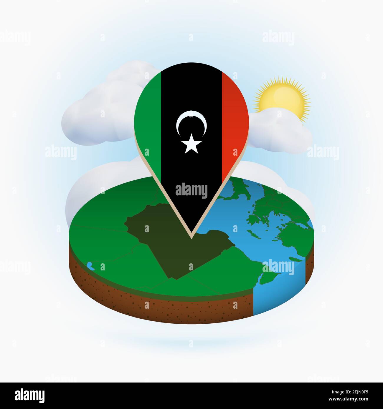 Isometric round map of Libya and point marker with flag of Libya. Cloud and sun on background ...