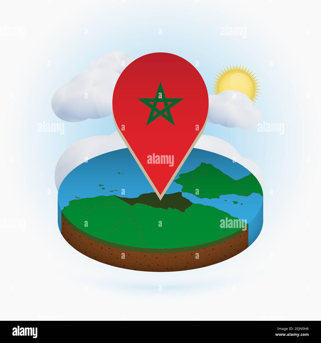 Isometric round map of Morocco and point marker with flag of Morocco ...
