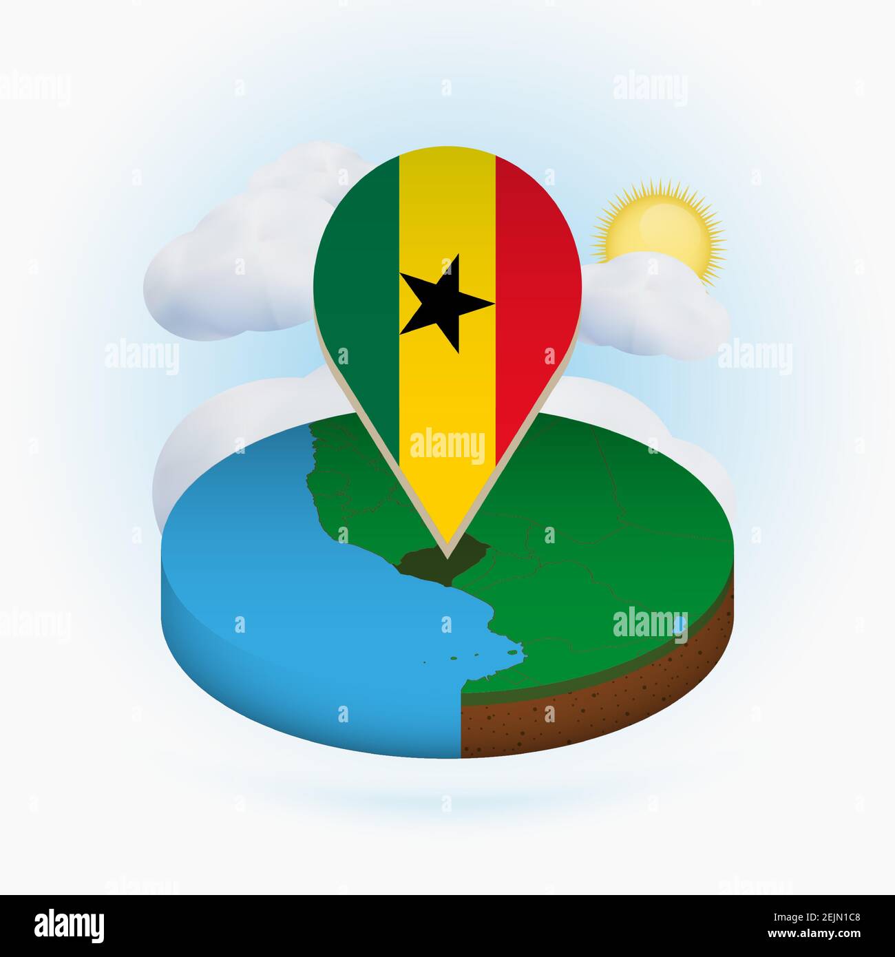 Isometric round map of Ghana and point marker with flag of Ghana. Cloud ...