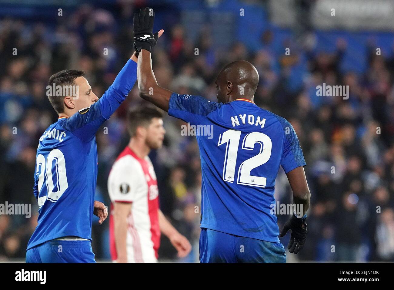 Getafe CF's Nemanja Maksimovic (l) and Allan Nyom celebrate the victory ...