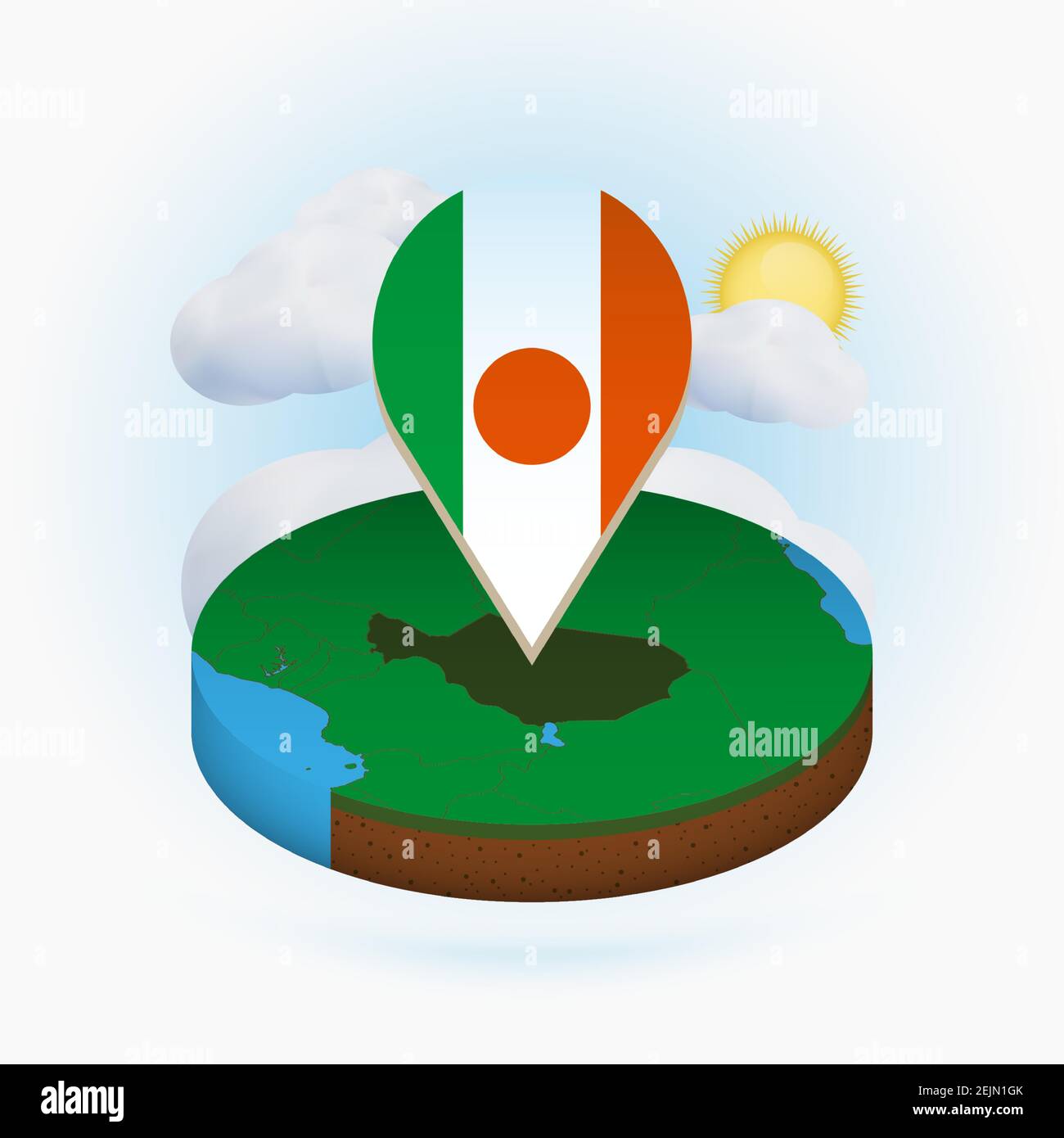 Isometric round map of Niger and point marker with flag of Niger. Cloud ...