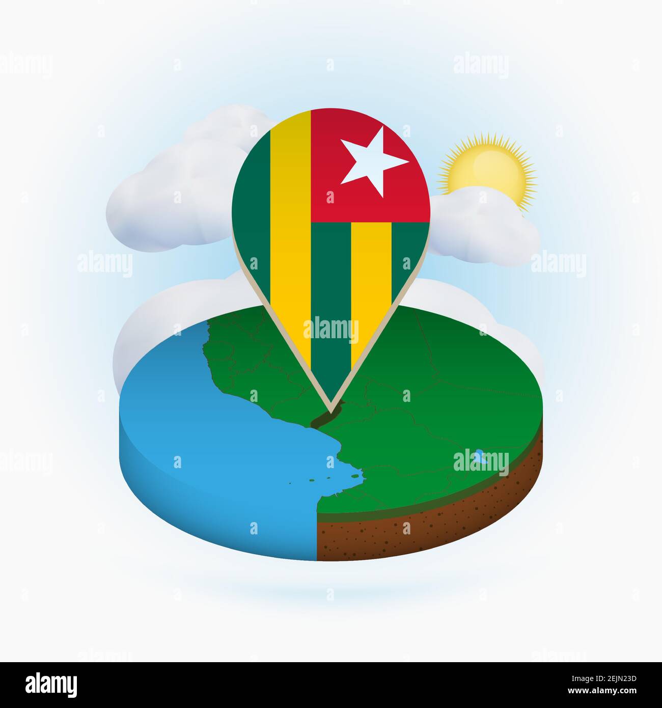 Isometric round map of Togo and point marker with flag of Togo. Cloud ...
