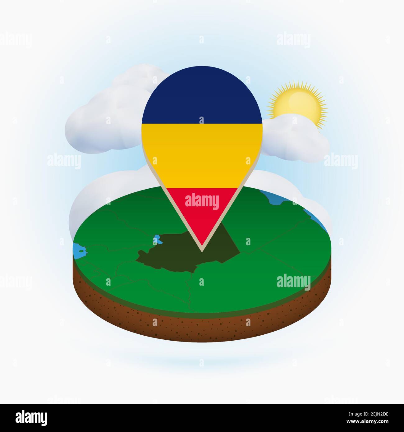Isometric round map of Chad and point marker with flag of Chad. Cloud ...