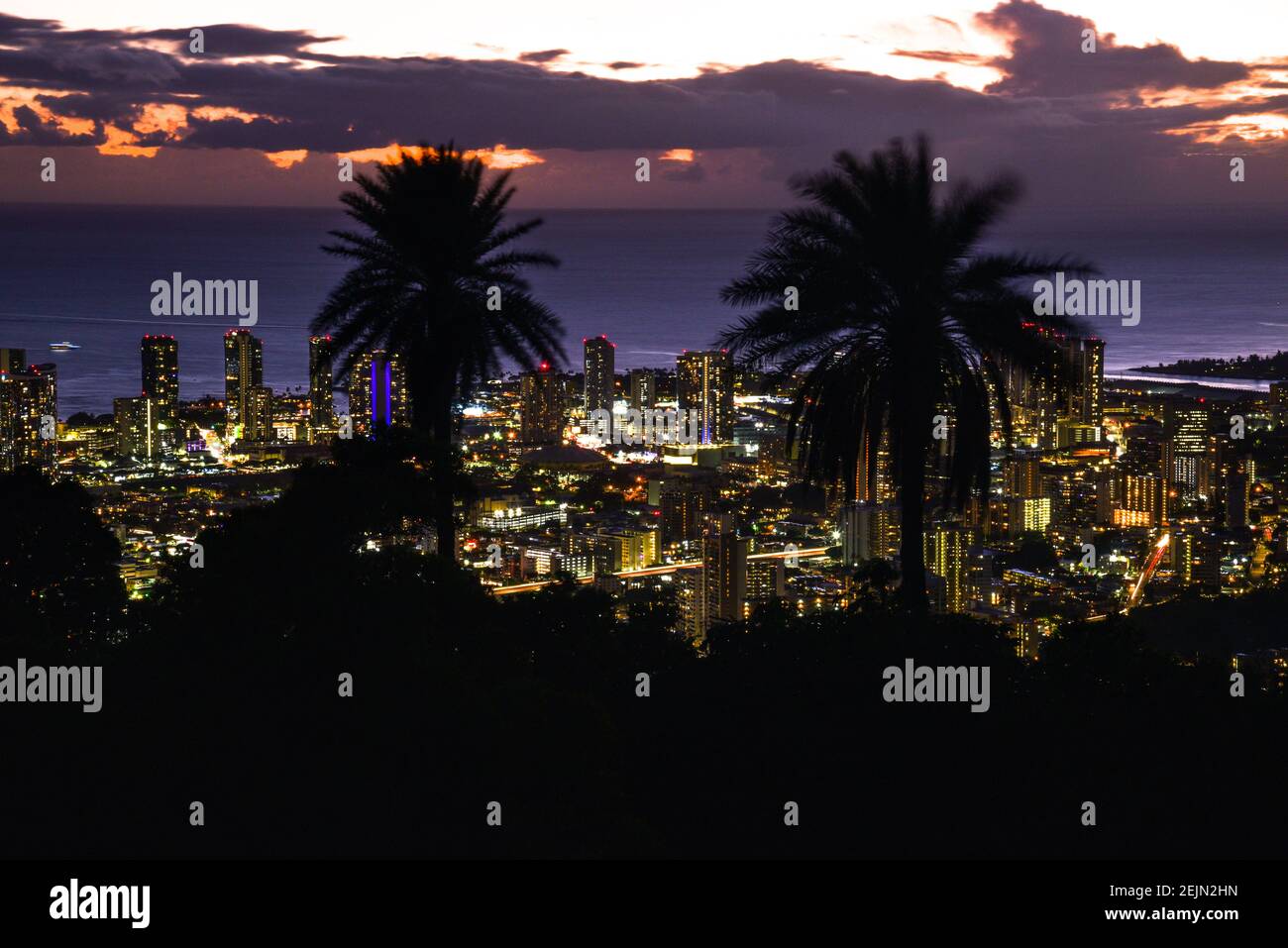 Spectacular skyline, high rise buildings and ocean, sunset view from ...