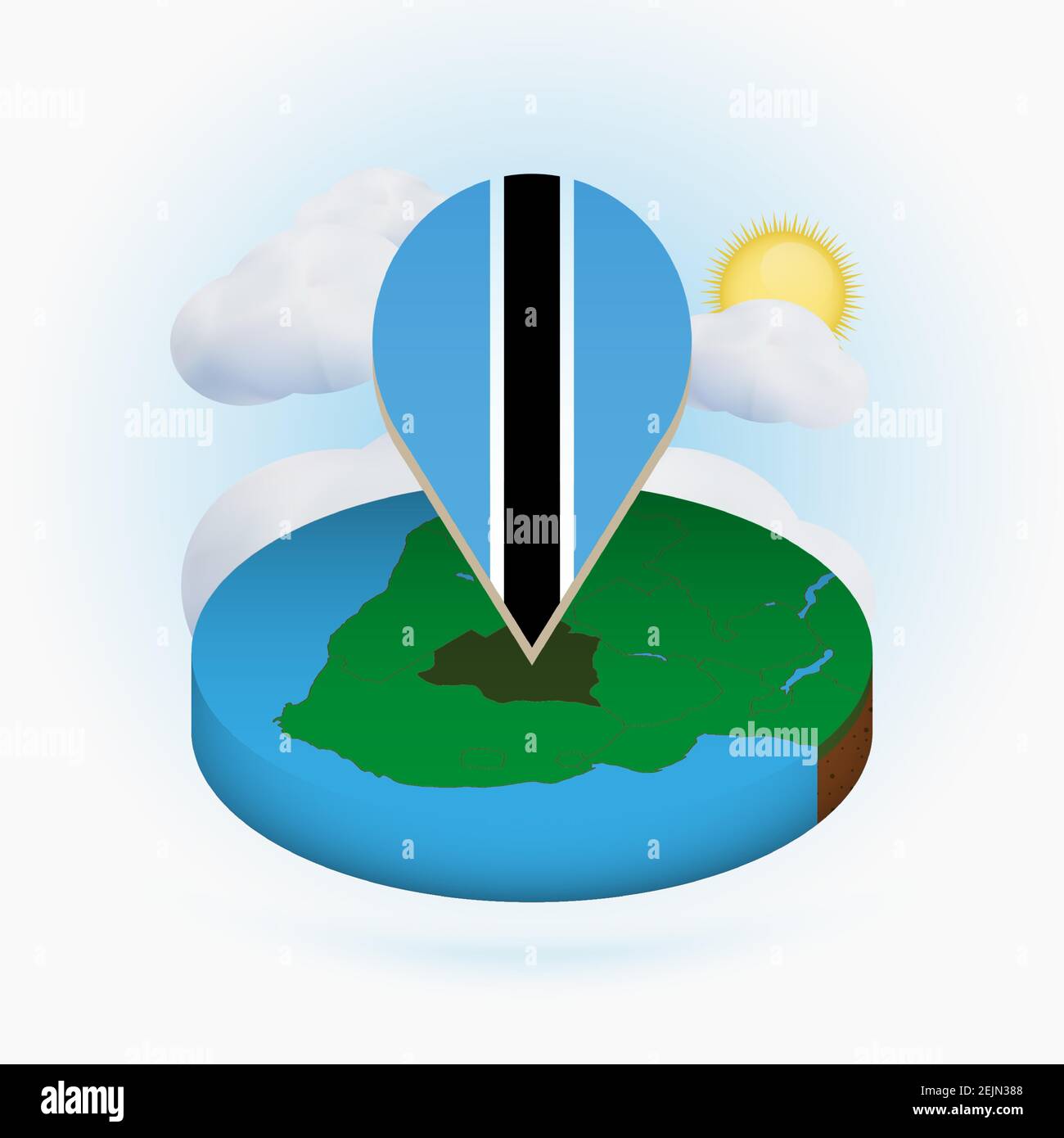 Isometric round map of Botswana and point marker with flag of Botswana ...