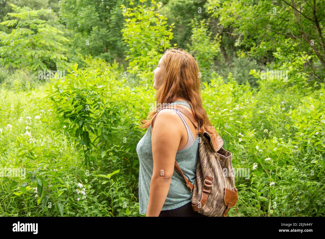 Girl with brown leather Backpack wanders through Nature in a scenic ...