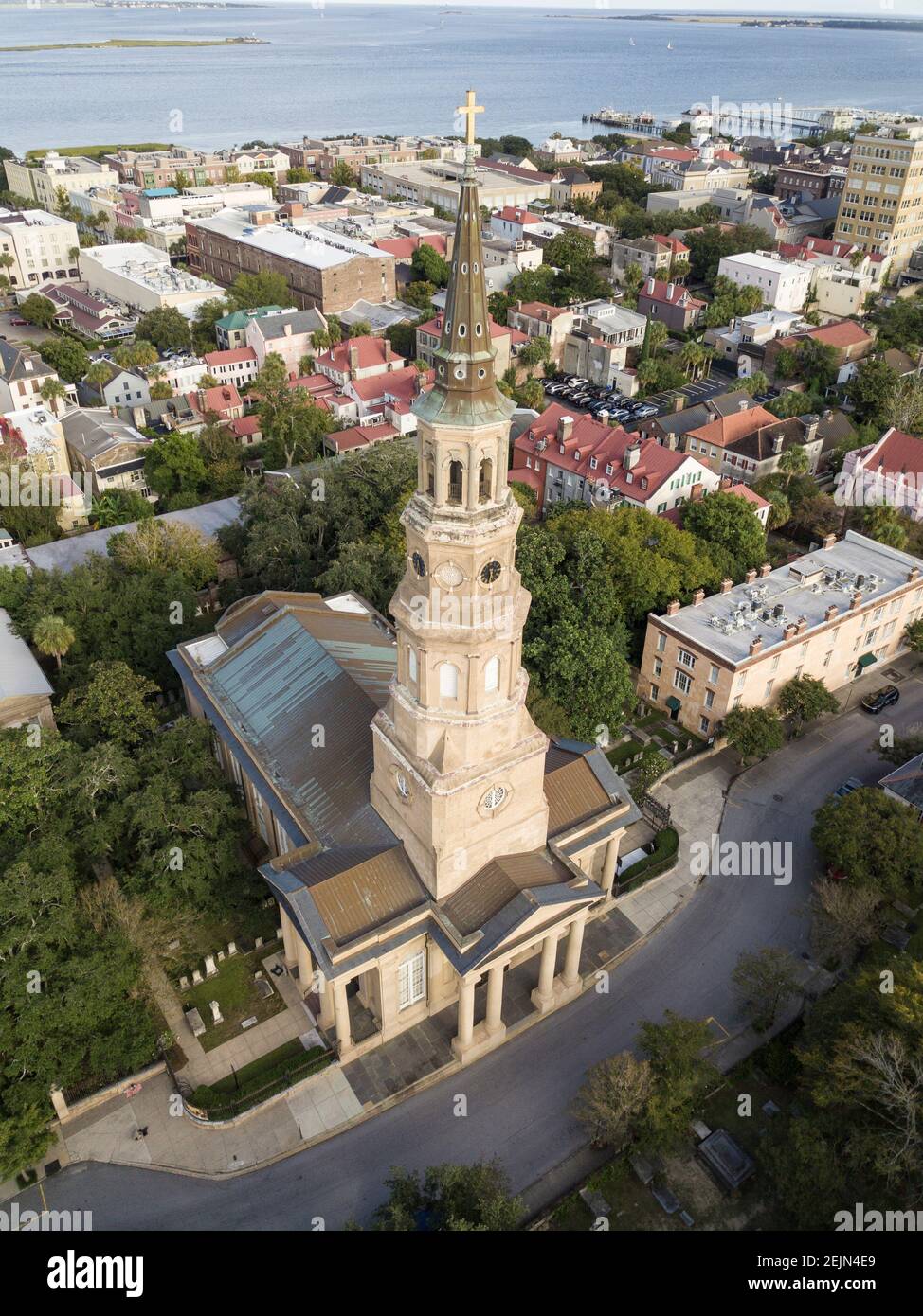 Aerial view of historic church and city in Charleston, South Carolina ...