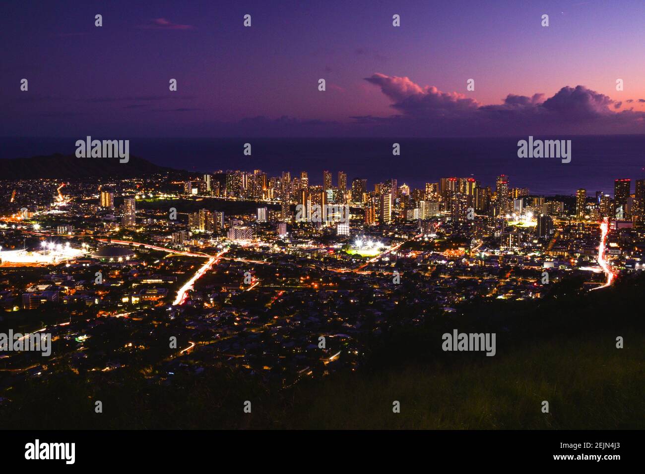 Spectacular skyline, high rise buildings and ocean, sunset view from ...