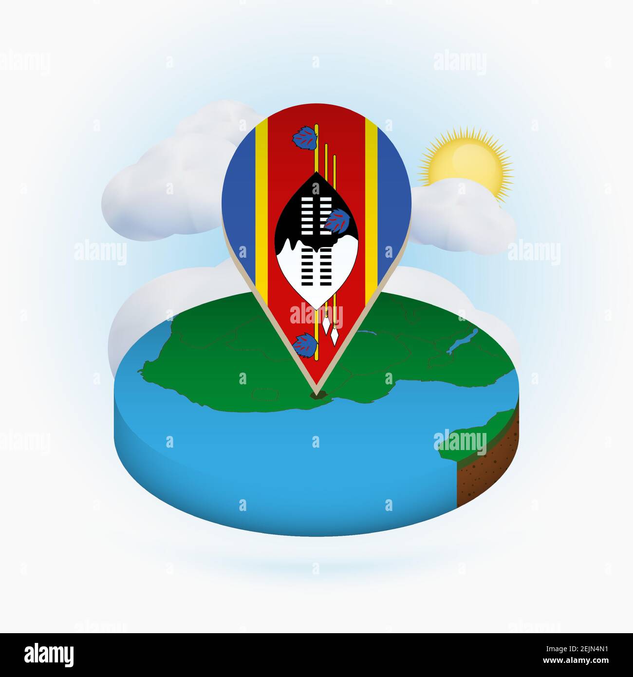 Isometric Round Map Of Swaziland And Point Marker With Flag Of