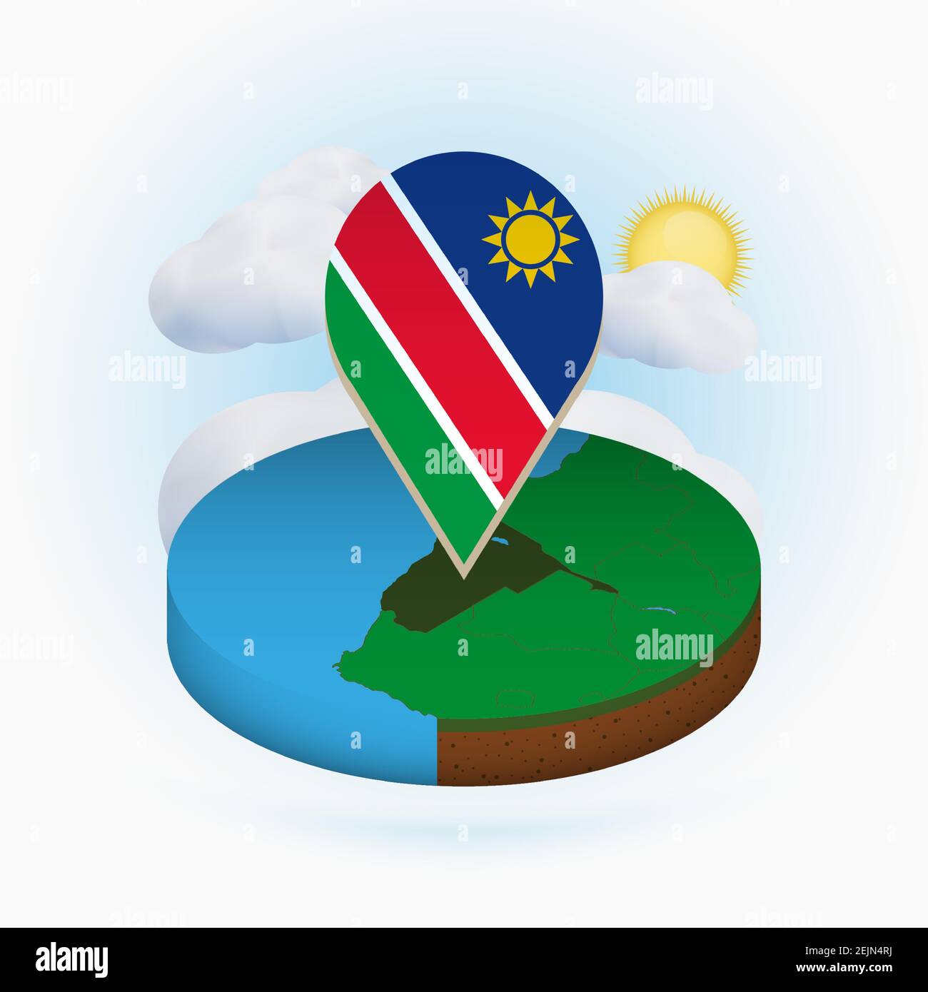 Isometric round map of Namibia and point marker with flag of Namibia ...