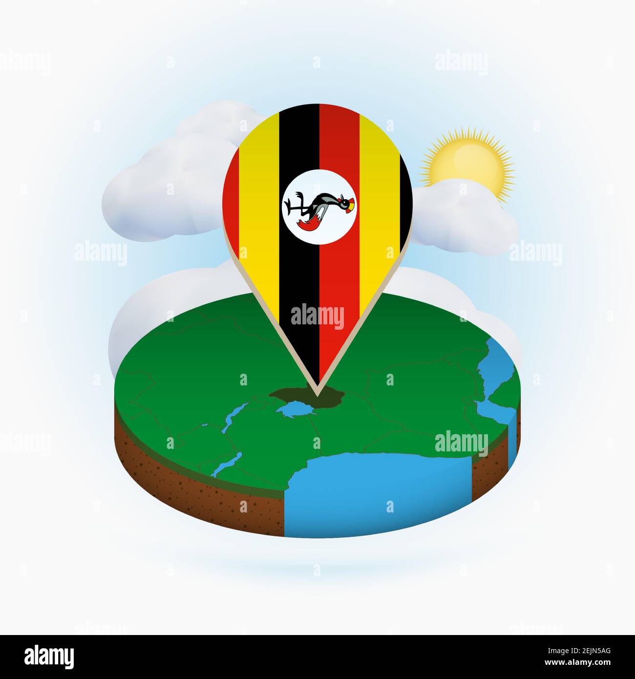 Isometric round map of Uganda and point marker with flag of Uganda ...