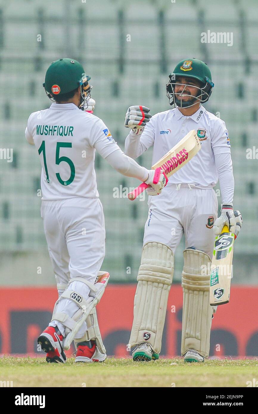Bangladesh's captain Mominul Haque celebrates with teammate Mushfiqur ...