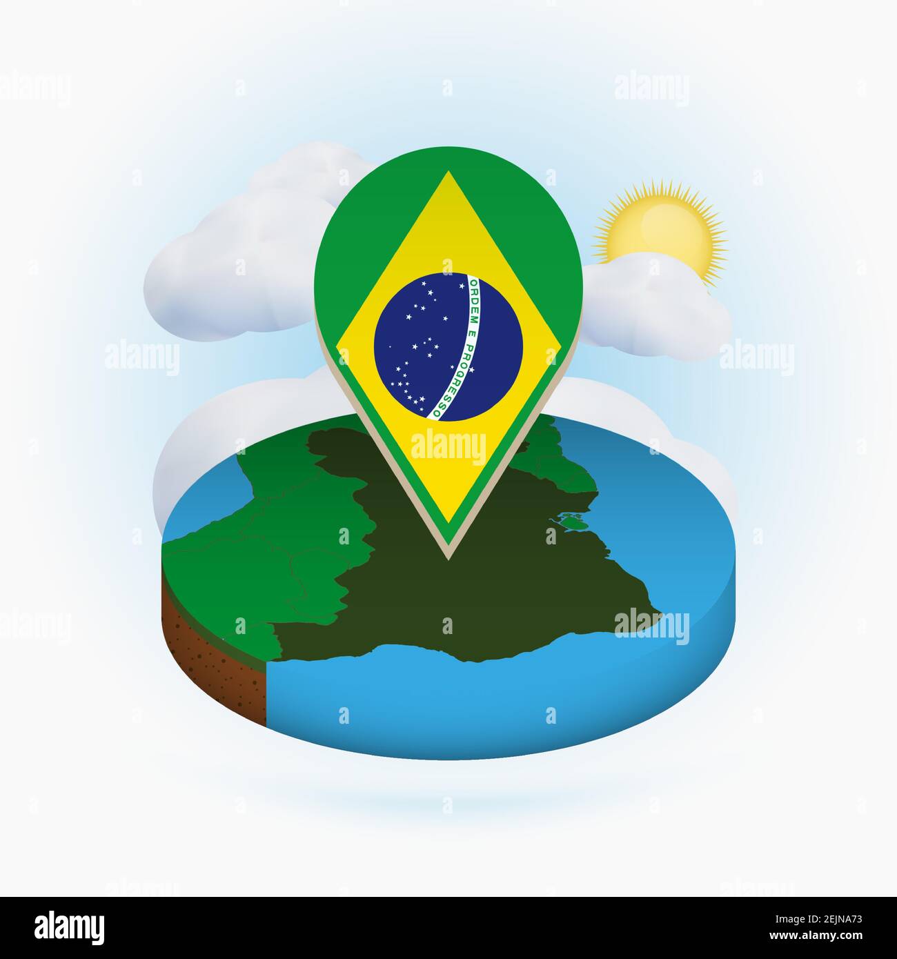 Isometric round map of Brazil and point marker with flag of Brazil ...