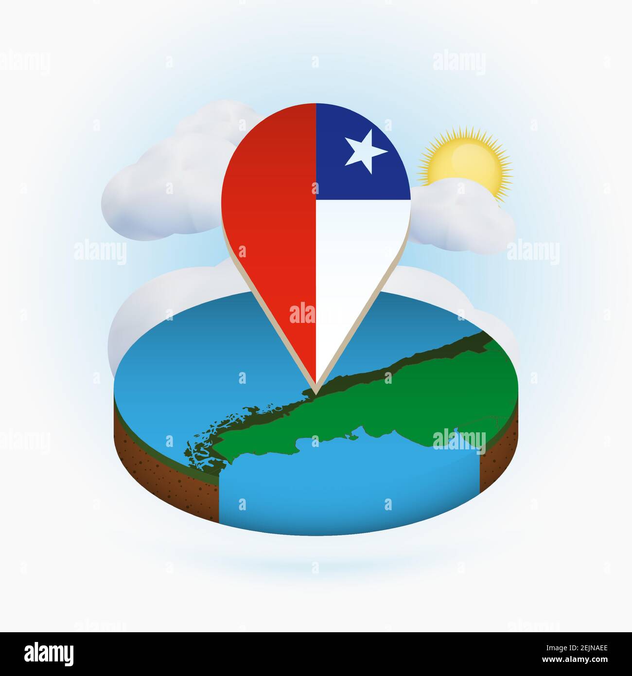 Isometric round map of Chile and point marker with flag of Chile. Cloud ...