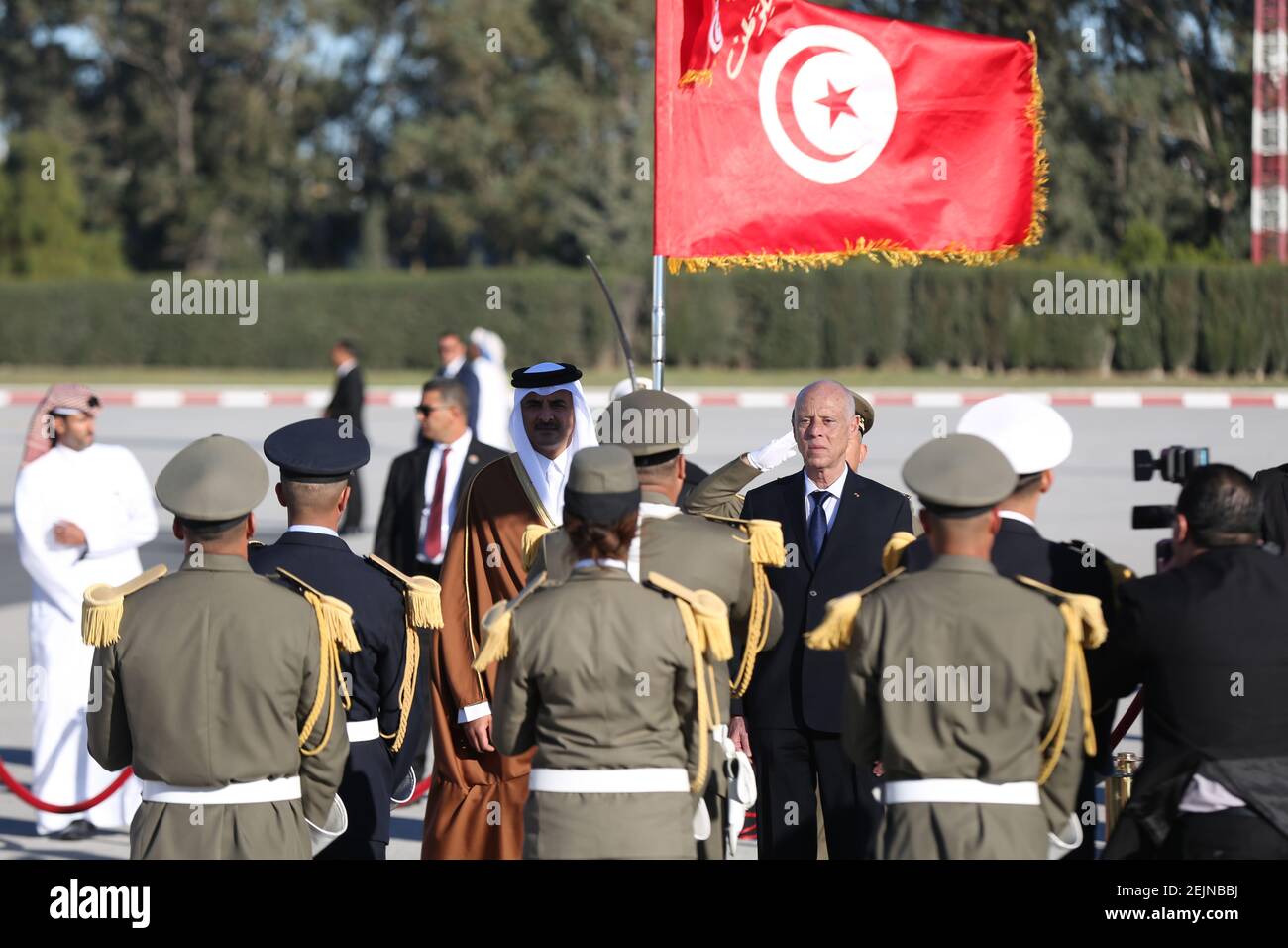 President Kais Saied (R) receiving Qatari's Emir Sheikh Tamim bin Hamad ...