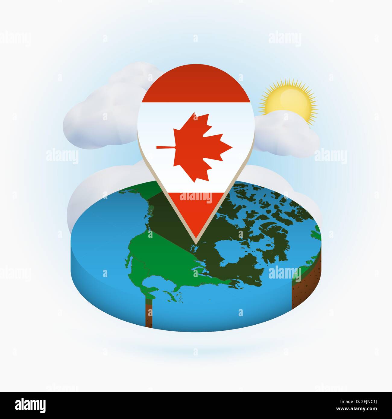 Isometric round map of Canada and point marker with flag of Canada ...