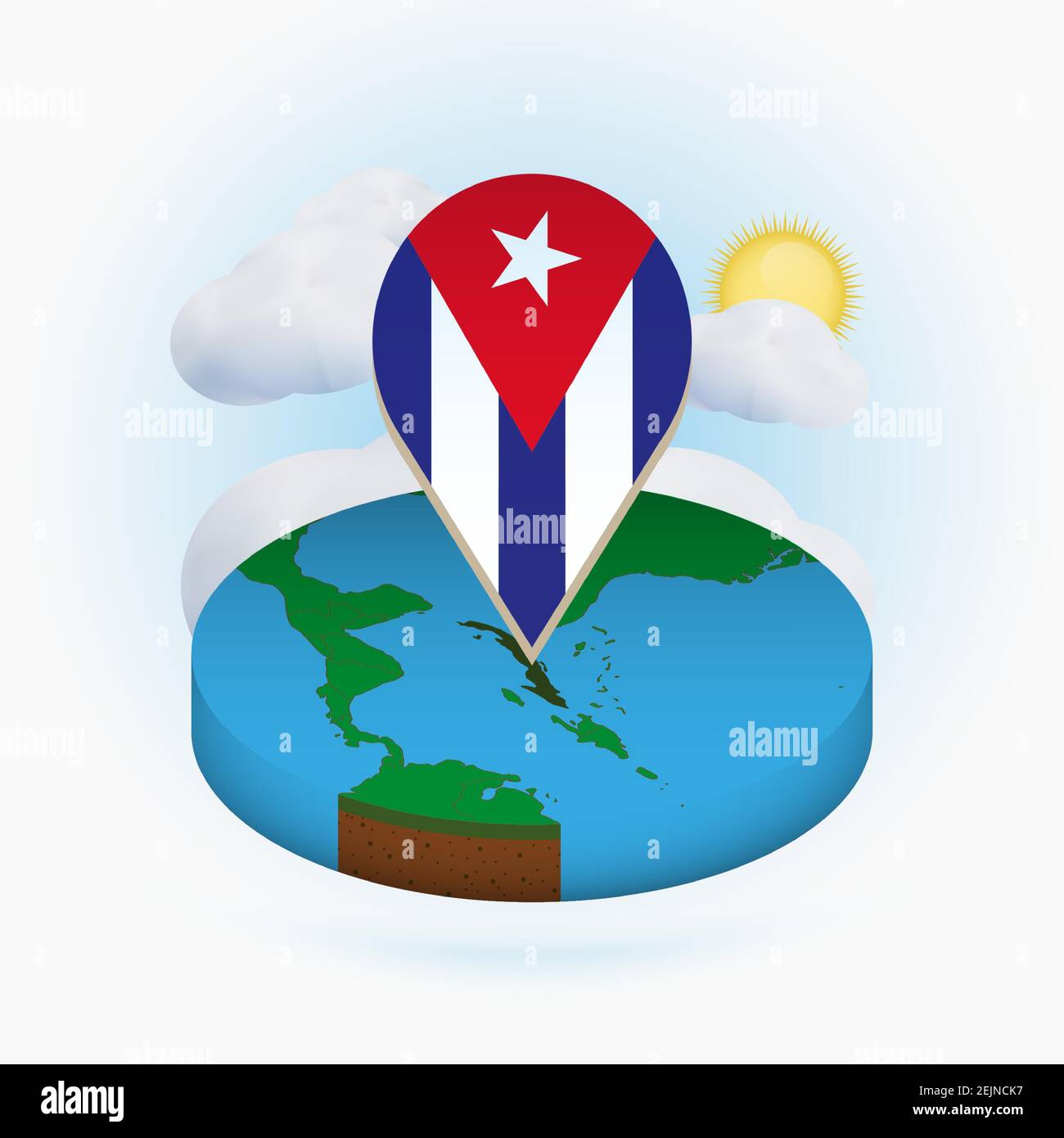 Isometric Round Map Of Cuba And Point Marker With Flag Of Cuba Cloud