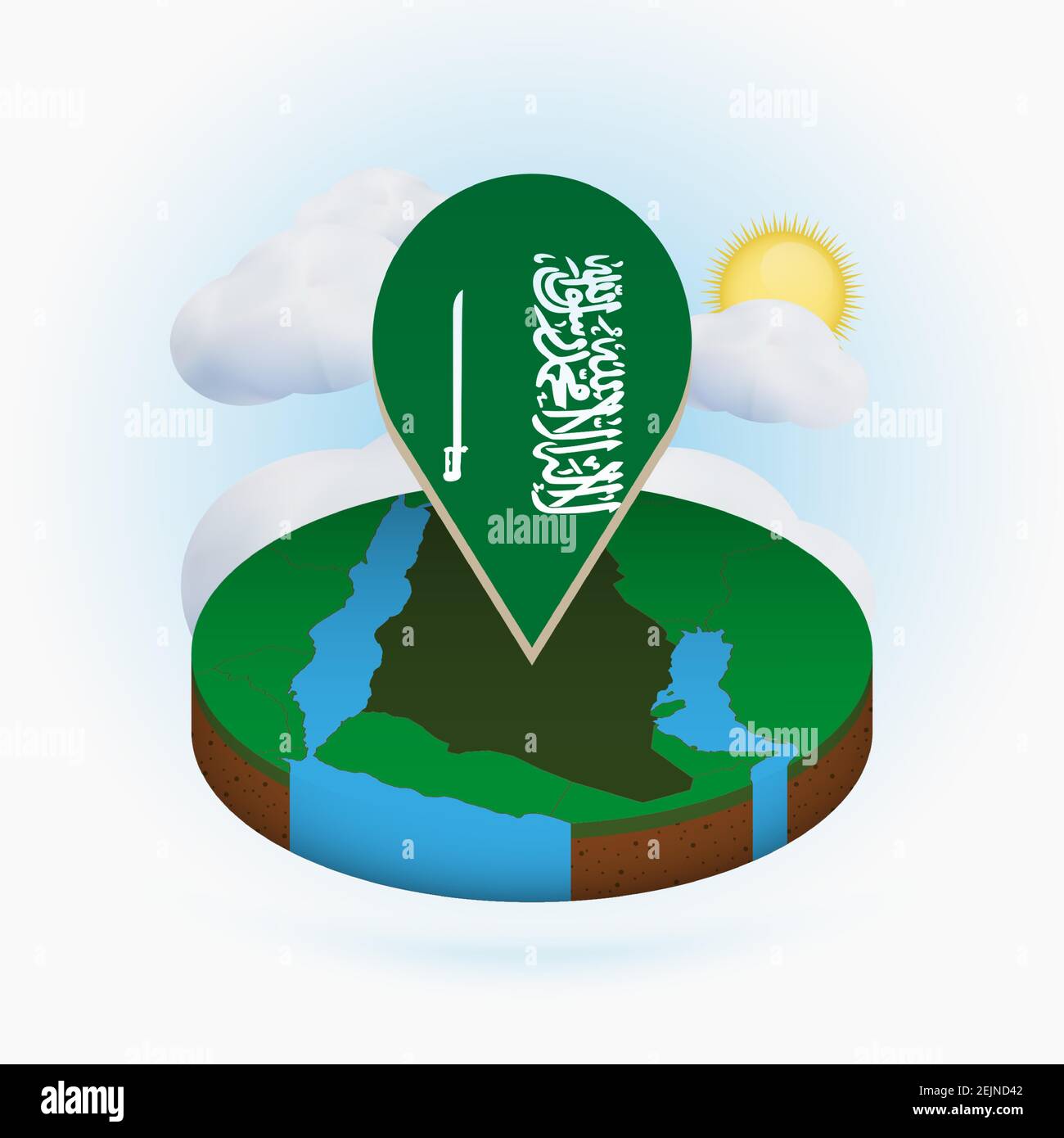 Isometric round map of Saudi Arabia and point marker with flag of Saudi ...