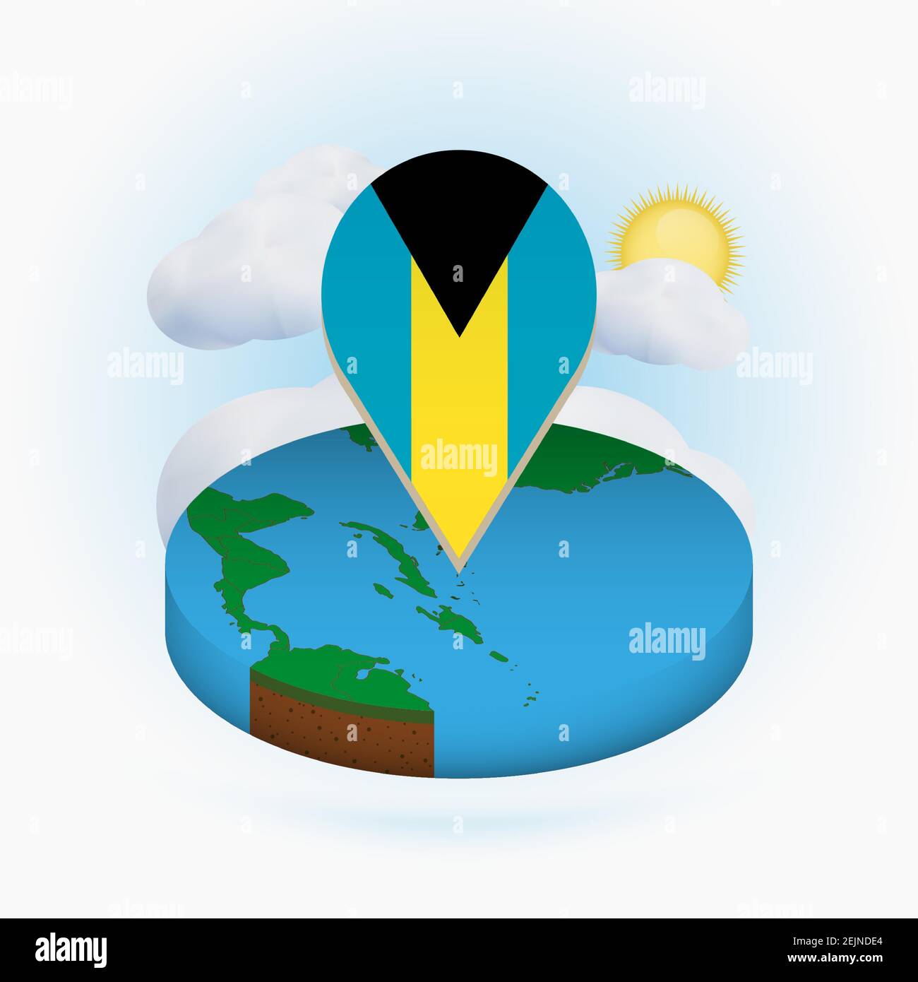 Isometric round map of The Bahamas and point marker with flag of The ...