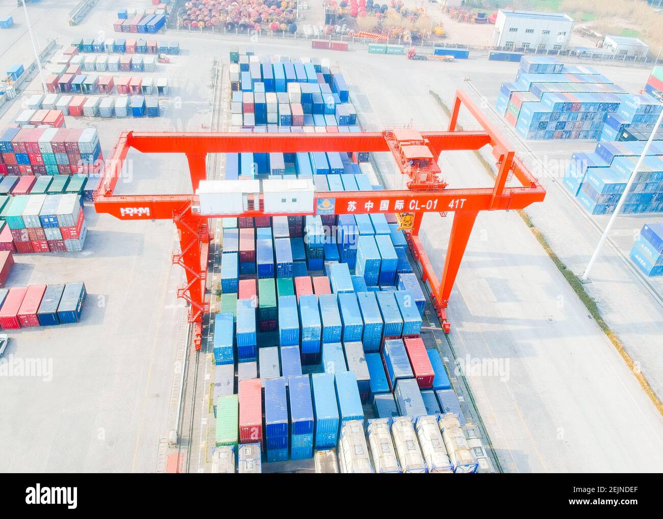 An aerial view of containers and cranes at an export port in Rugao ...