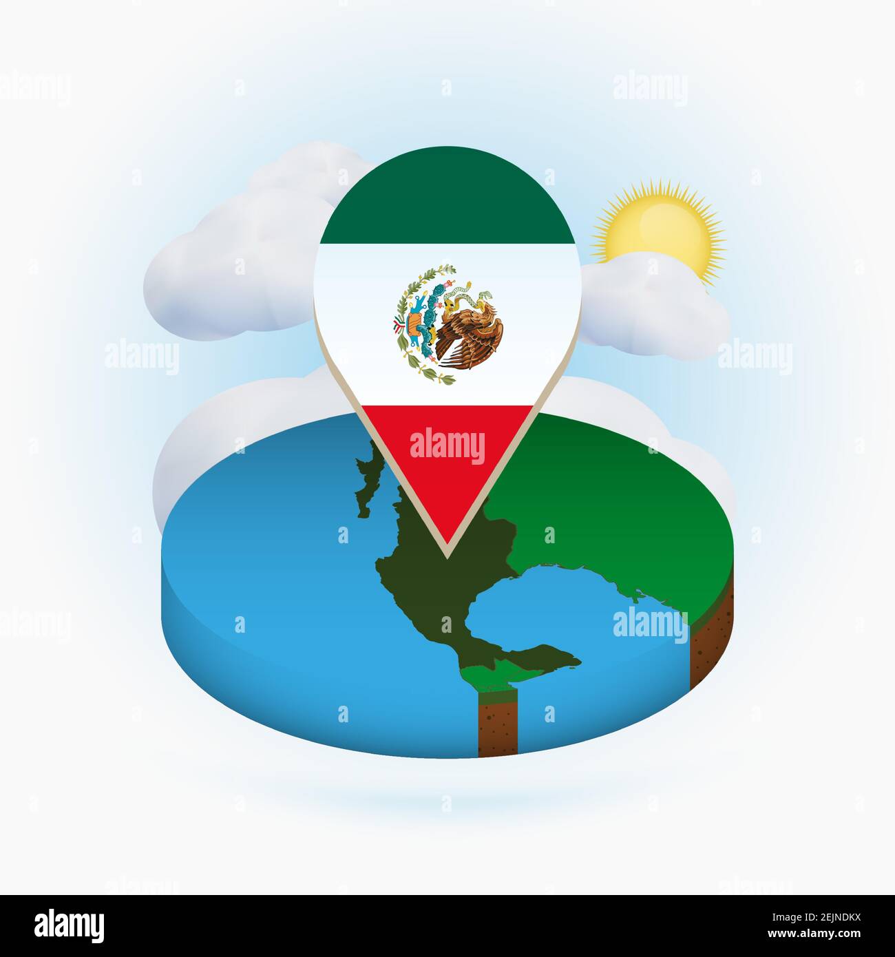 Isometric round map of Mexico and point marker with flag of Mexico ...