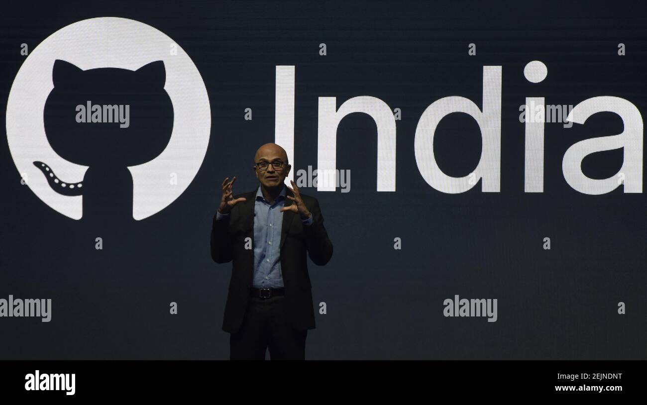 MUMBAI, INDIA - FEBRUARY 24: Microsoft CEO Satya Nadella addresses the ...