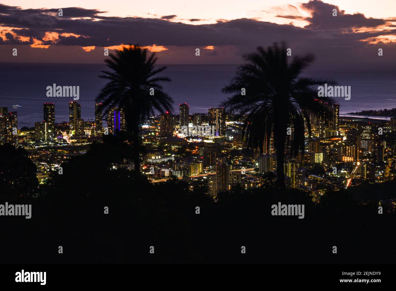 Spectacular skyline, high rise buildings and ocean, sunset view from ...