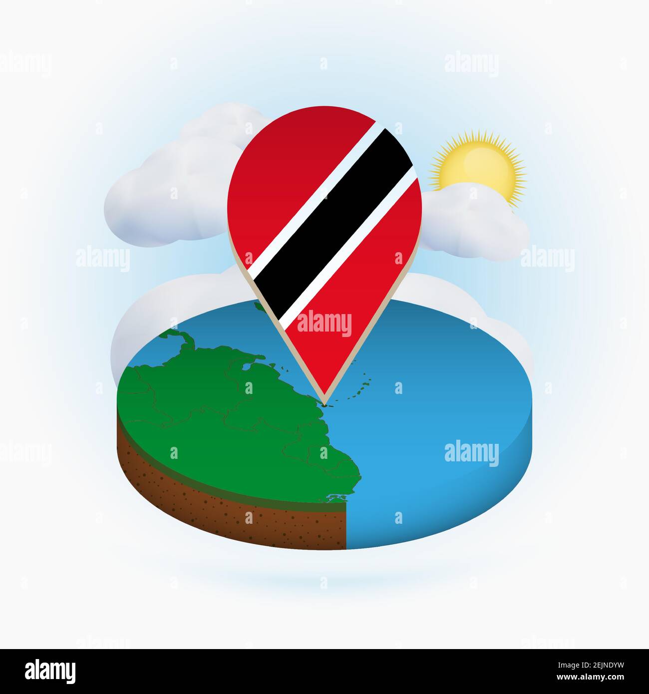 Isometric round map of Trinidad and Tobago and point marker with flag ...