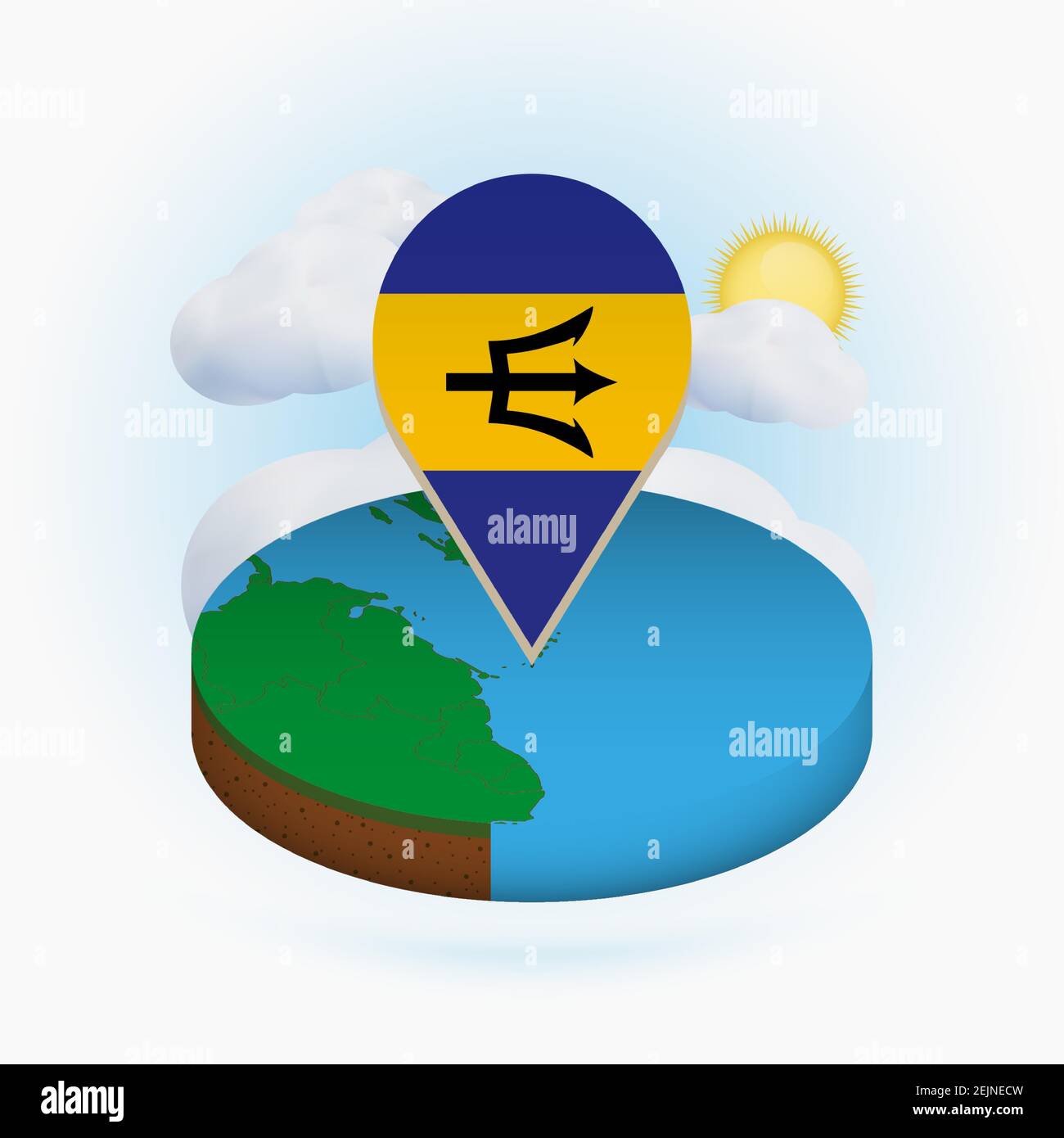 Isometric round map of Barbados and point marker with flag of Barbados ...
