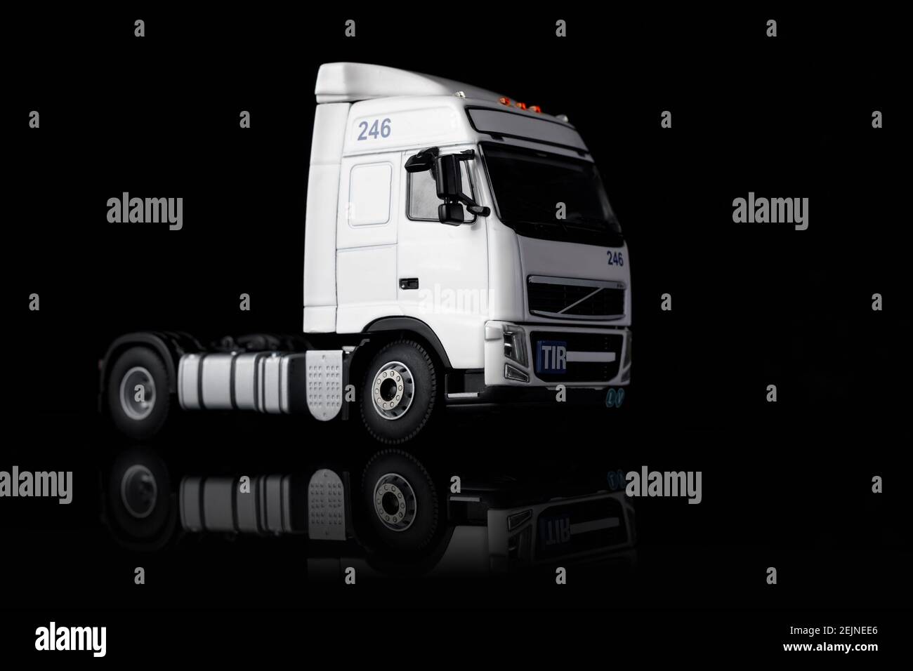 Truck TIR cab without trailer isolated on black background. Miniature ...