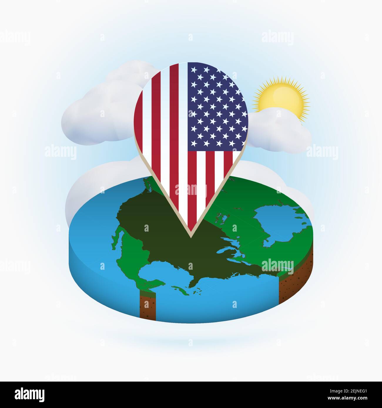 Isometric round map of USA and point marker with flag of United States ...